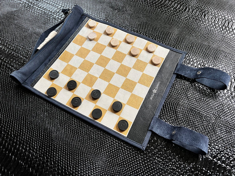 Checkers Set - Roll-up Leather Board – MELIA Games